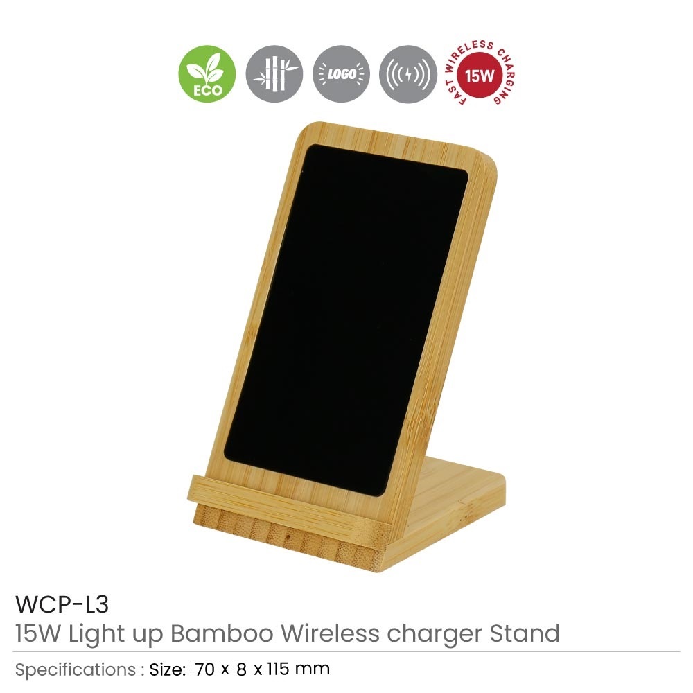 Bamboo Wireless charger Stand with LED Logo | 15W Fast Charge Magic ...