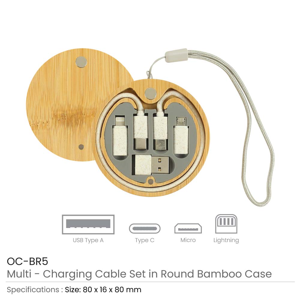 Multi-Charging Cable Set in Round Bamboo Case | Magic Trading Company -MTC