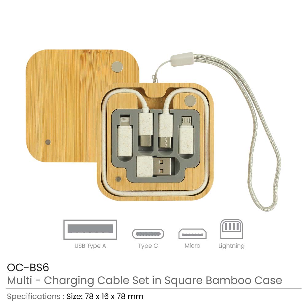 Multi-Charging Cable Set in Square Bamboo Case | Magic Trading Company -MTC