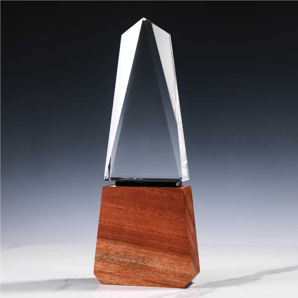 Tower Shaped Crystal Awards with Wooden Base | Magic Trading Company -MTC